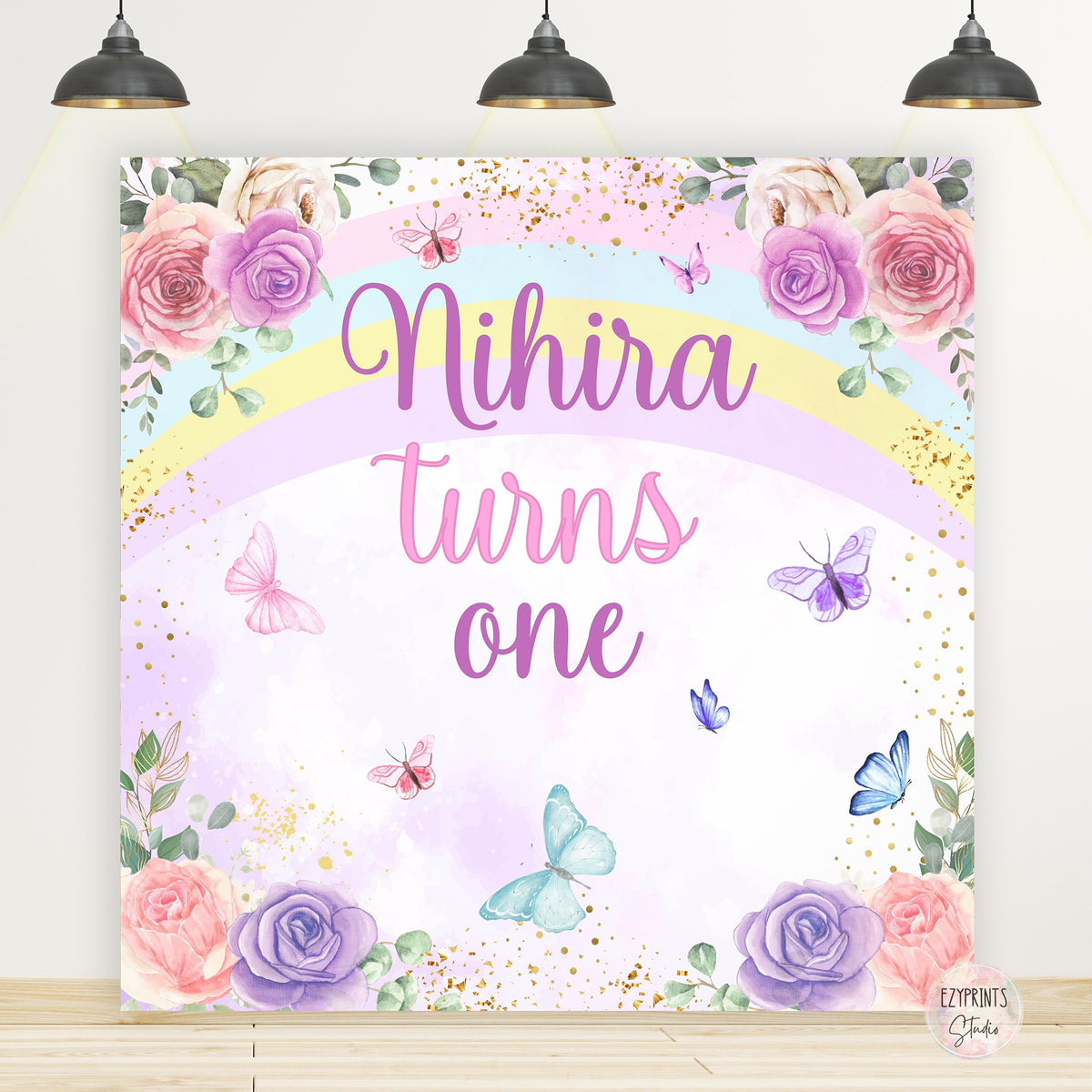 Rainbow Butterfly Flowers Theme Birthday Backdrop – Ezyprints Studio