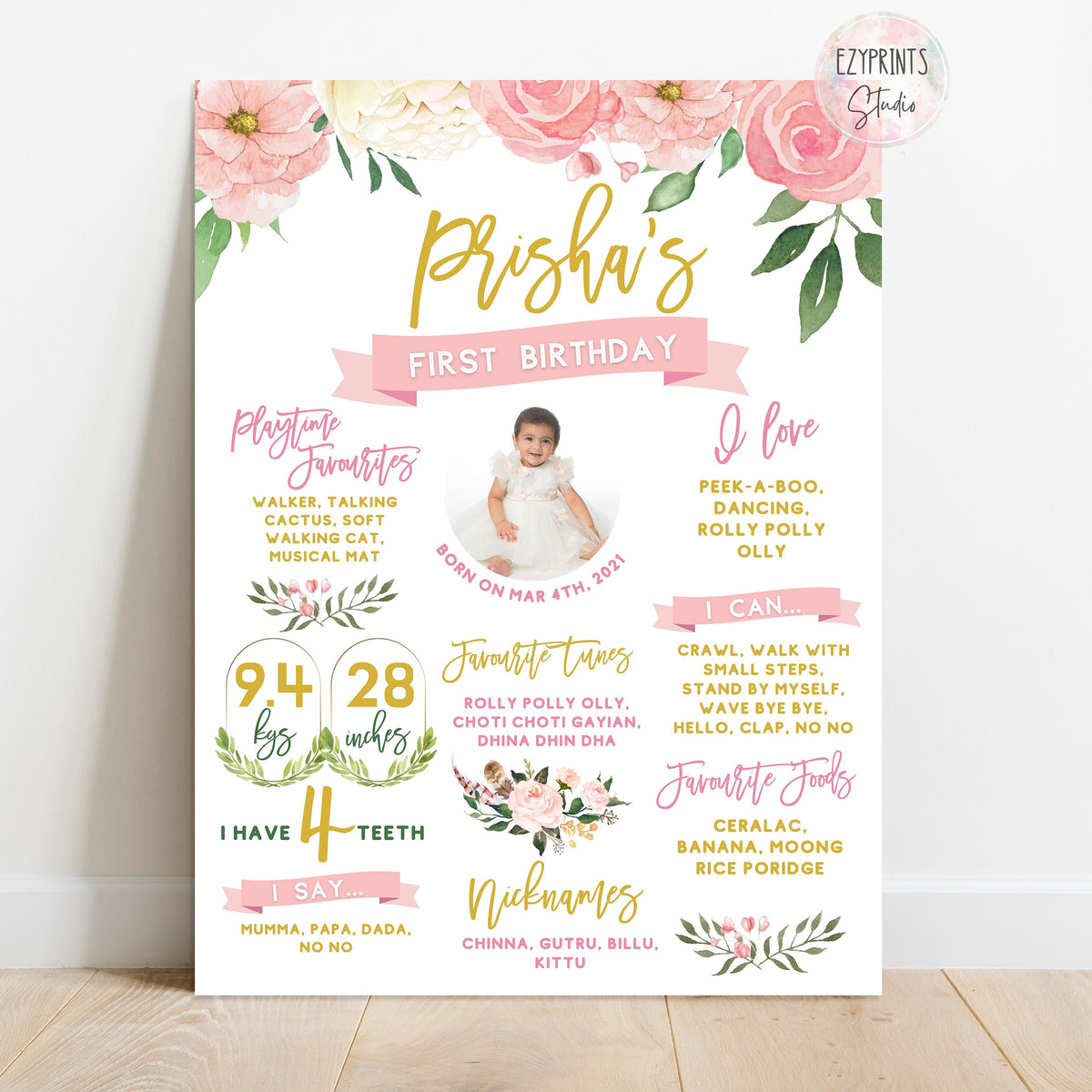 Pink Flowers First Birthday Chalkboard Poster – Ezyprints Studio