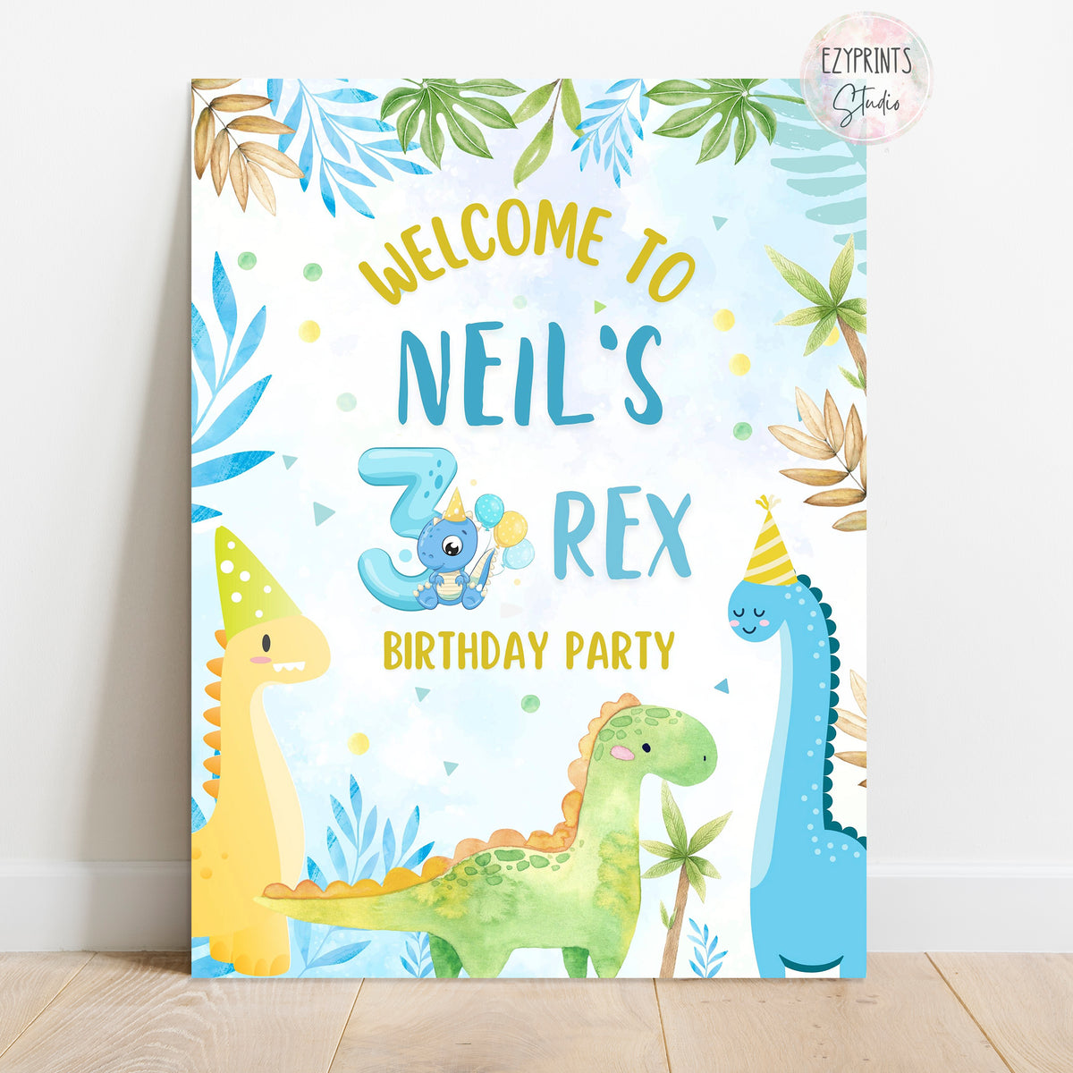 Three Rex Dinosaur Theme Birthday Party Welcome Board – Ezyprints Studio