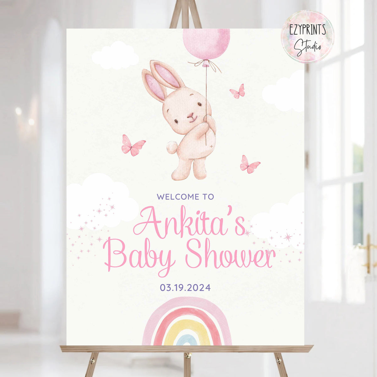 Baby Shower Welcome Board | Bunny Rainbow – Ezyprints Studio
