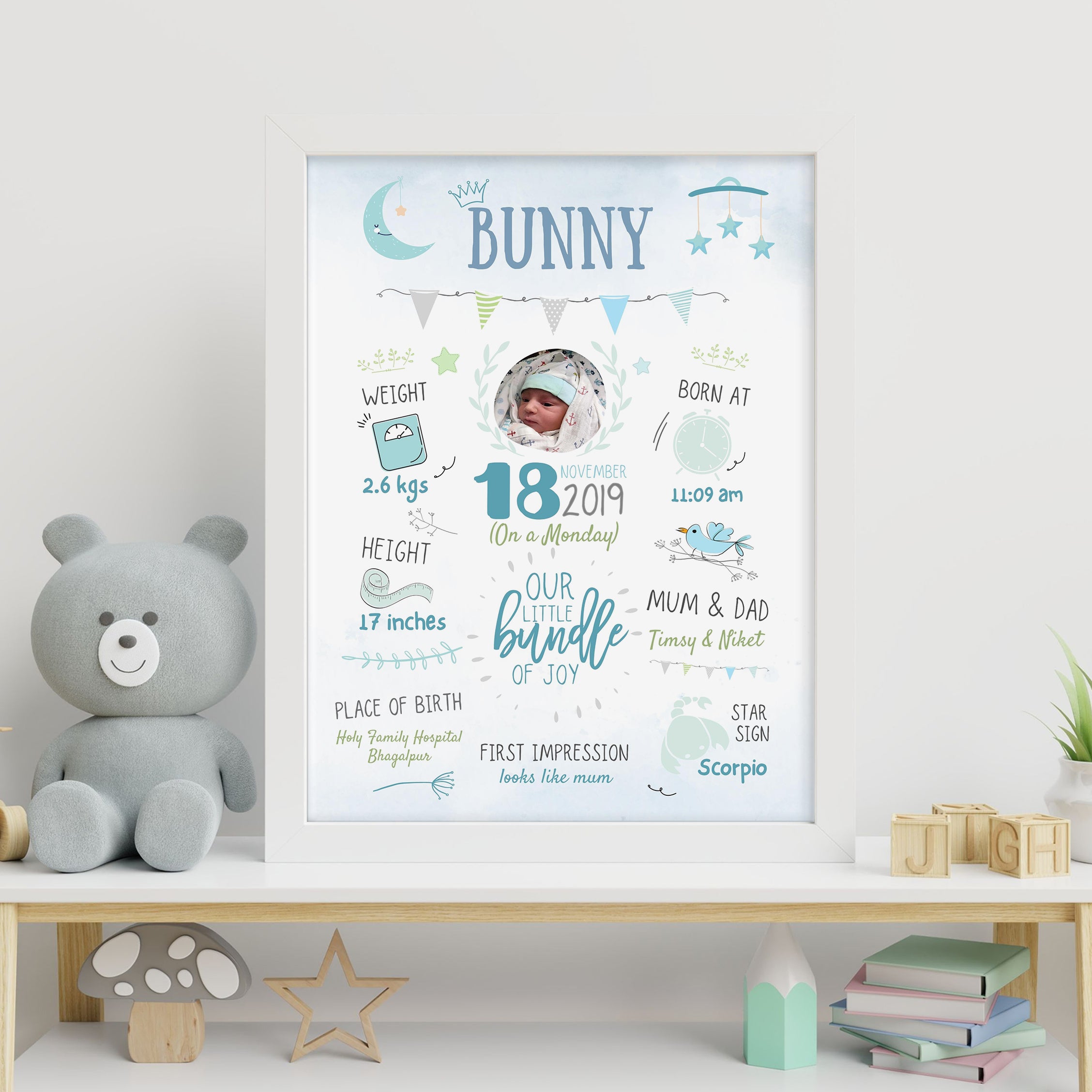 Baby Boy Birth Stats Frame | Memory Frame – Ezyprints Studio