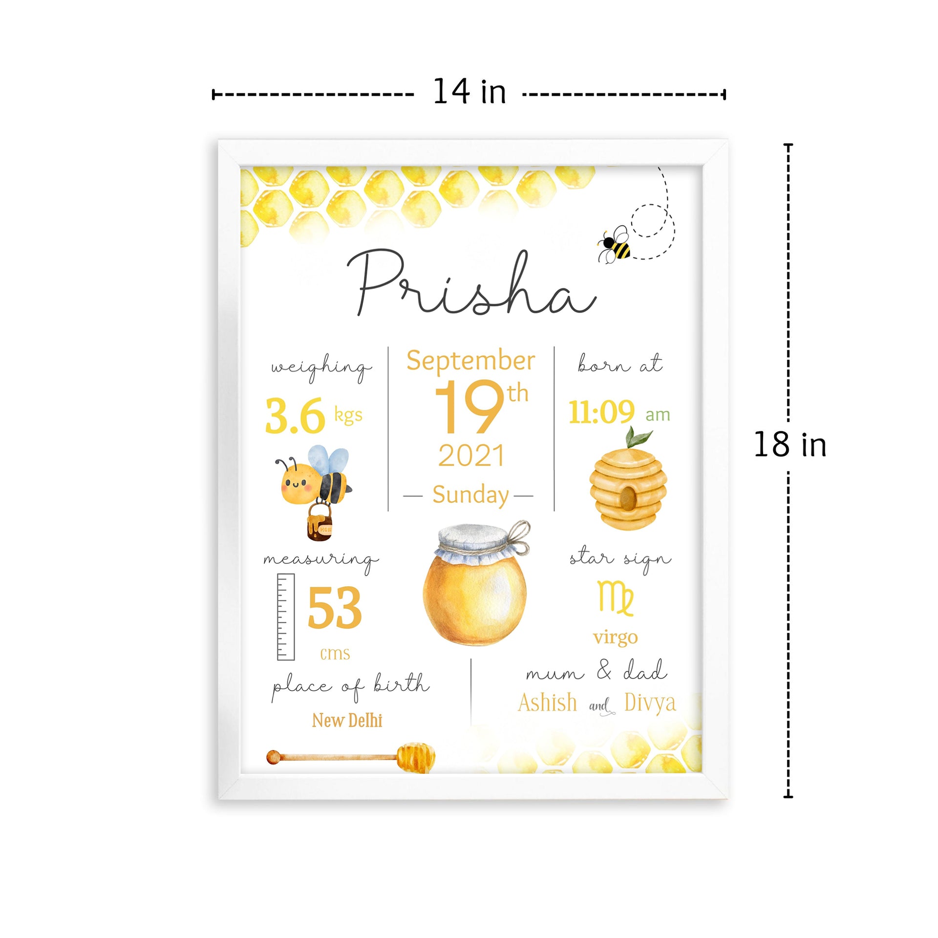 Baby Birth Details Frame | Honey Bee – Ezyprints Studio