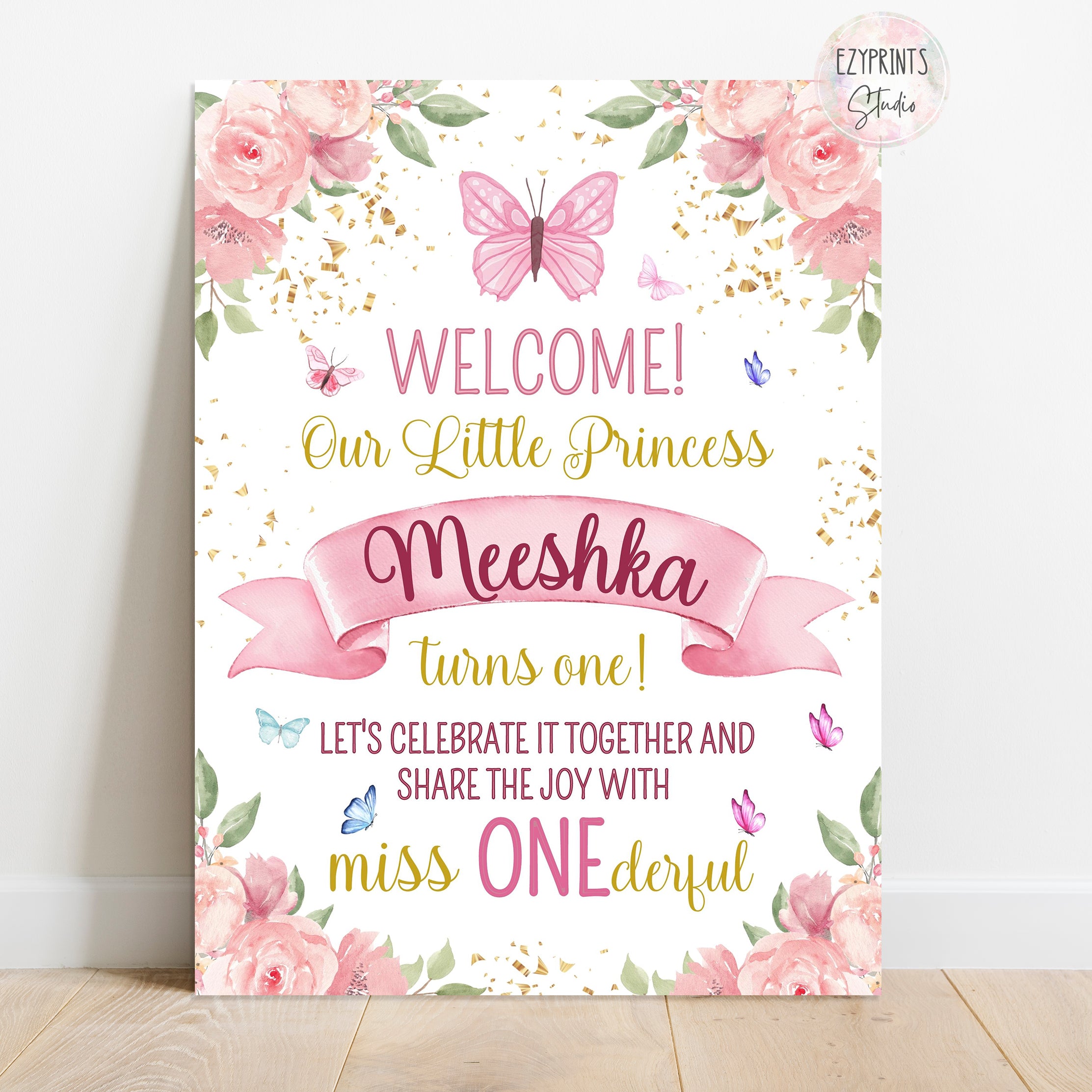 Pink Butterfly Flowers Theme Birthday Party Welcome Board – Ezyprints ...
