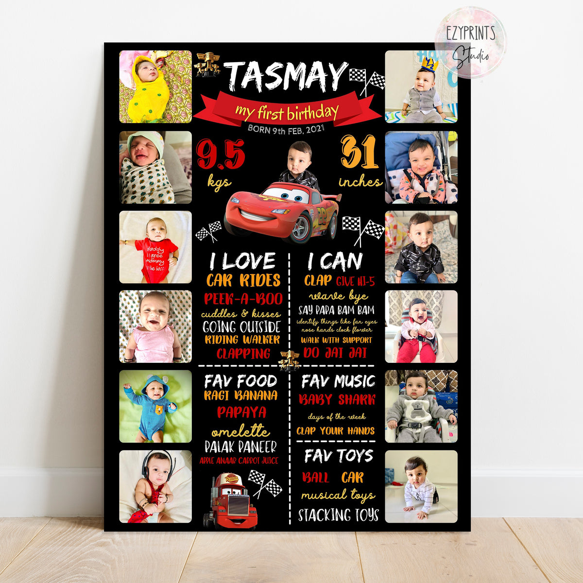 Birthday Milestone Chalkboard with Photos | Cars theme – Ezyprints Studio