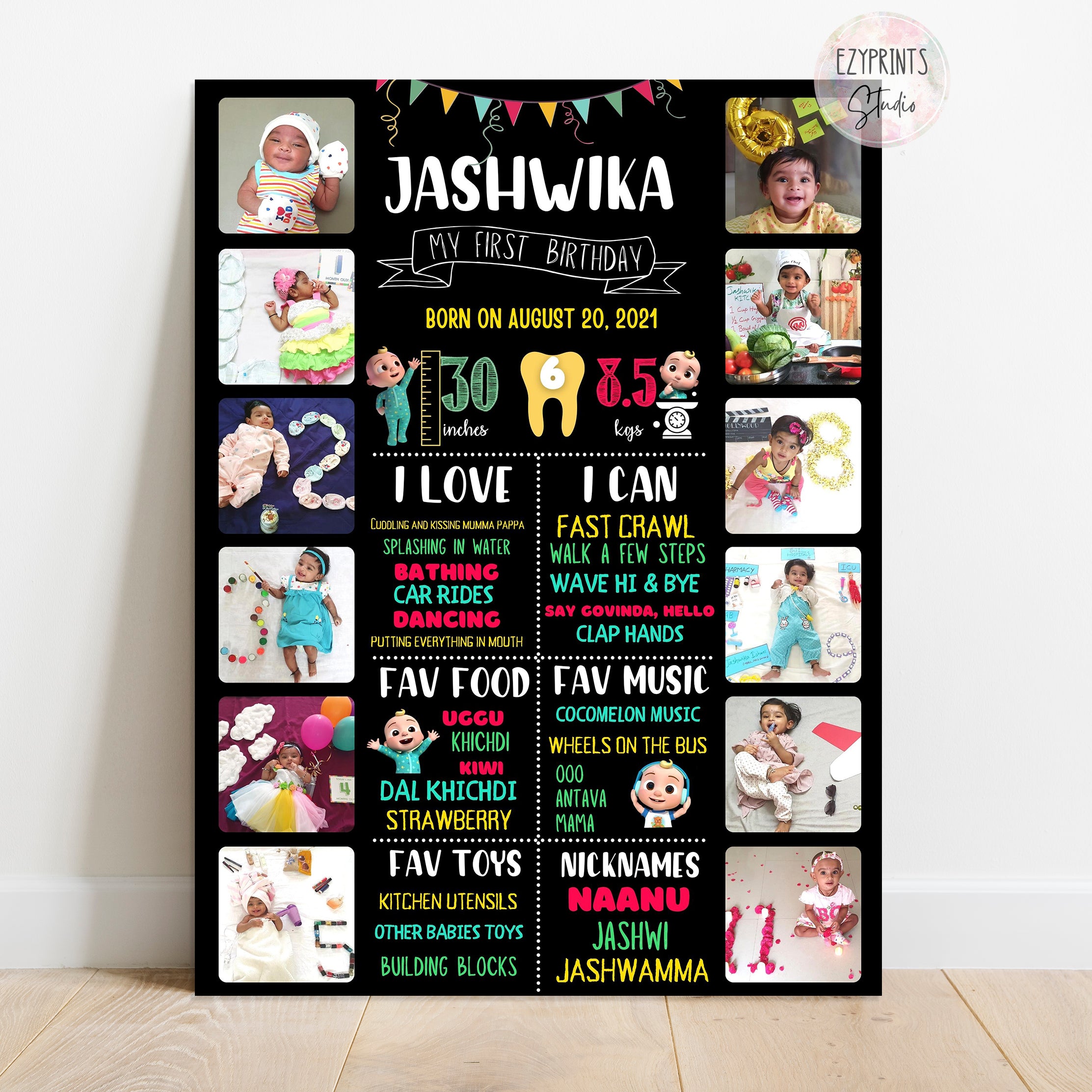 Birthday Milestone Chalkboard with Photos | Cocomelon theme – Ezyprints ...