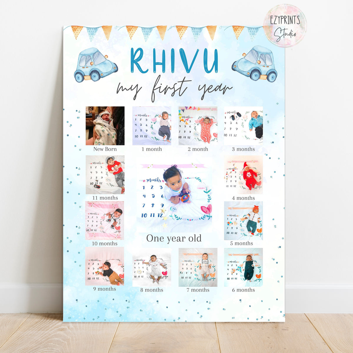 Personalised First Year Photo Collage Board | Boys Theme – Ezyprints Studio