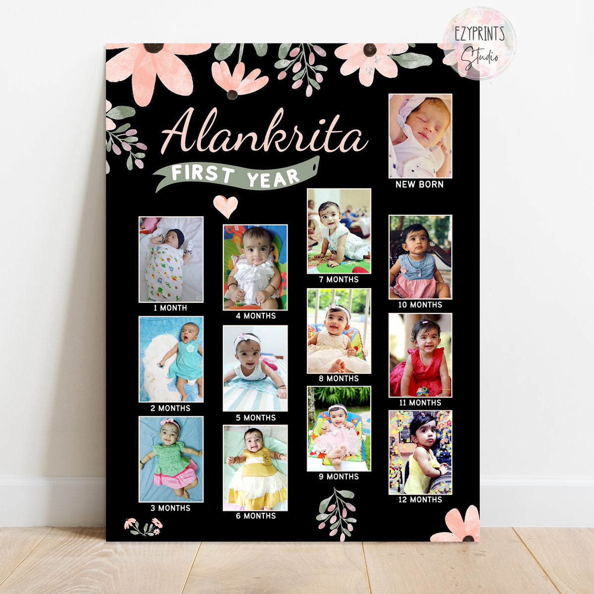 Personalised First Year Photo Collage Board | Peach Flower Theme ...