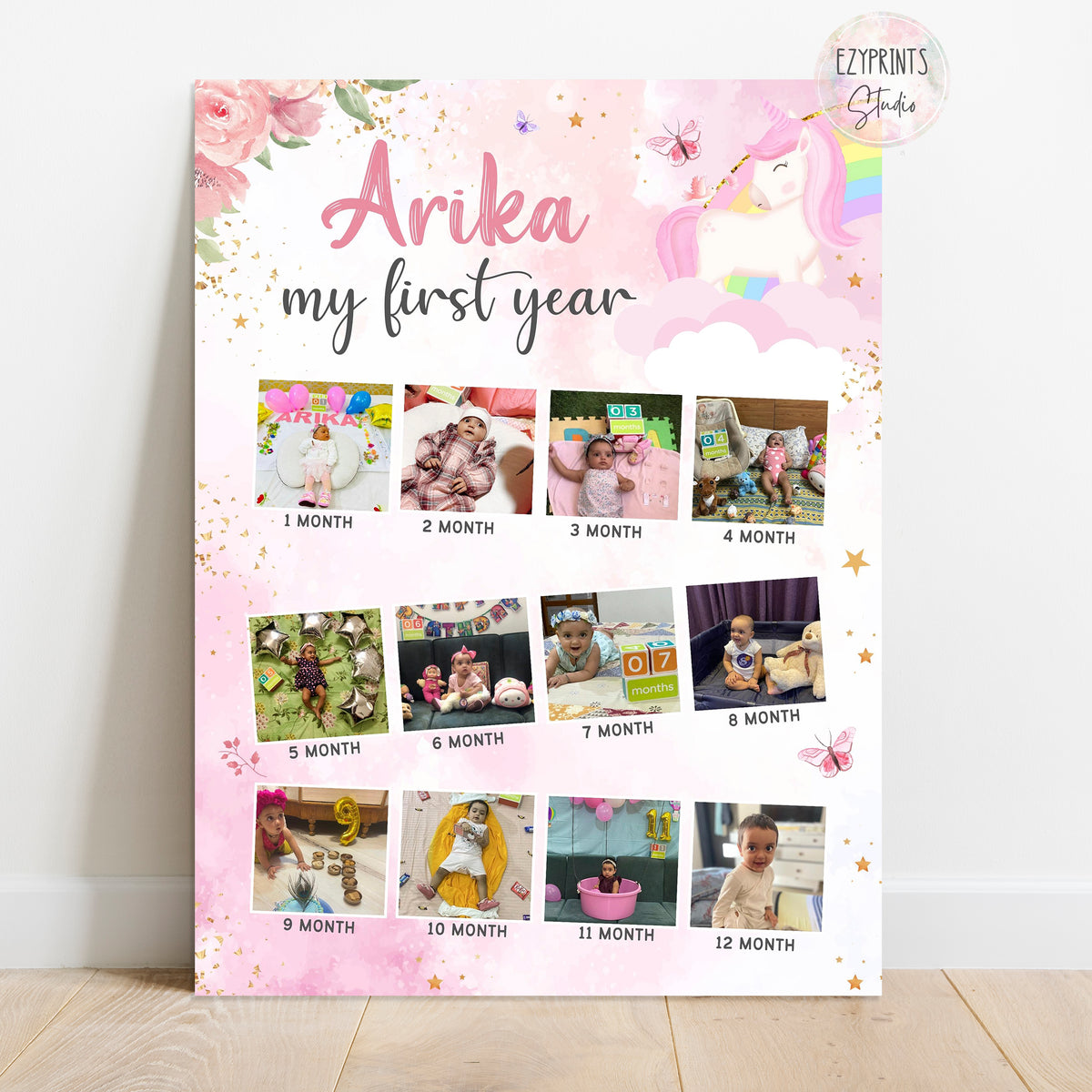 Personalised First Year Photo Collage Board | Unicorn Rainbow Theme – Ezyprints Studio