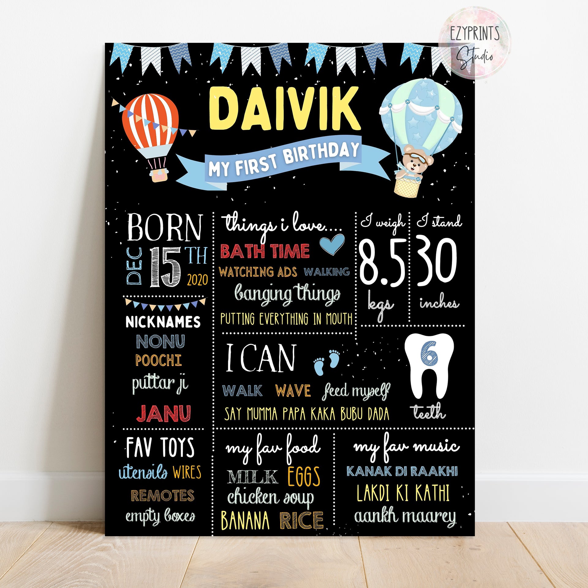 Hot Air Balloon theme First Birthday Chalkboard Poster – Ezyprints Studio