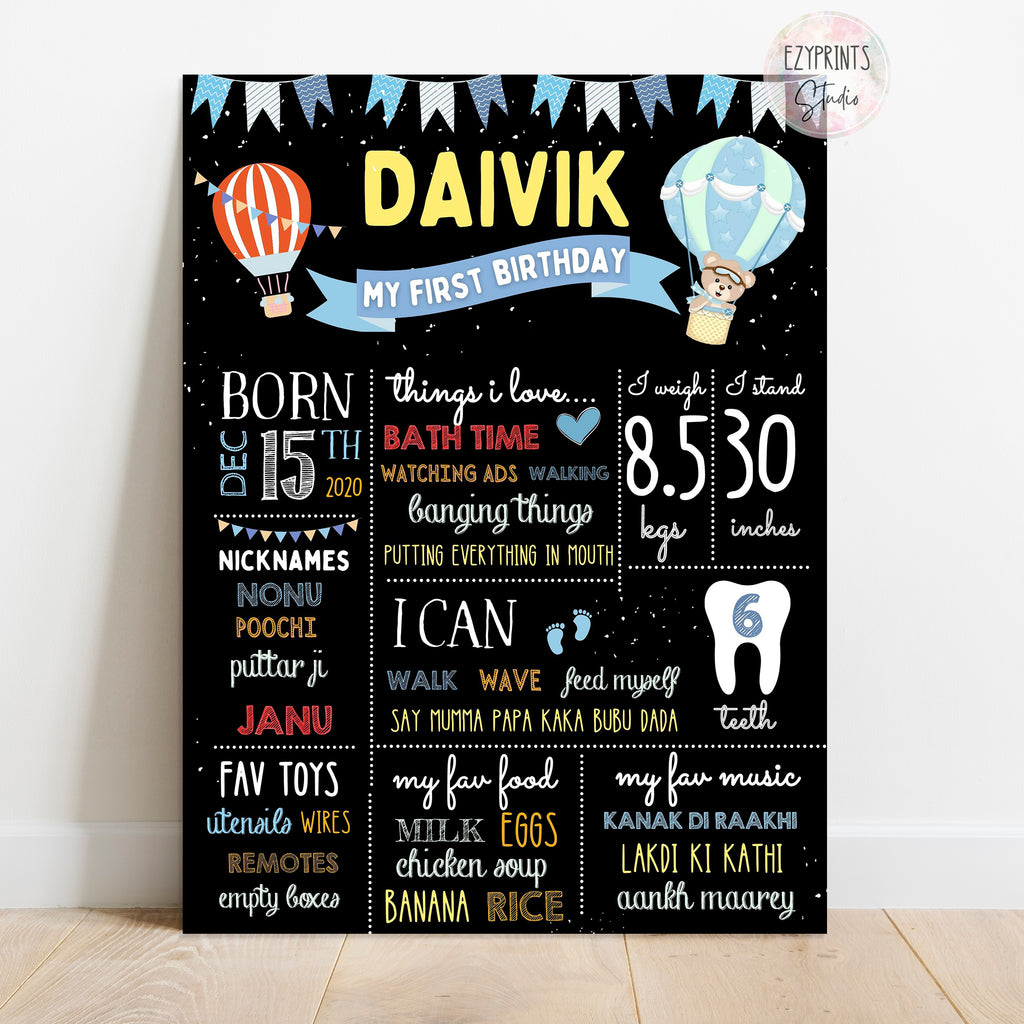 Hot Air Balloon theme First Birthday Chalkboard Poster – Ezyprints Studio